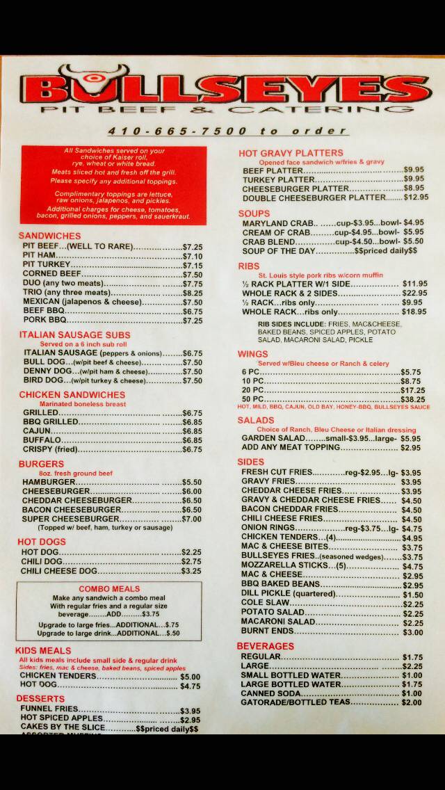 Menu at Bullseyes Pit Beef & Catering BBQ, Overlea