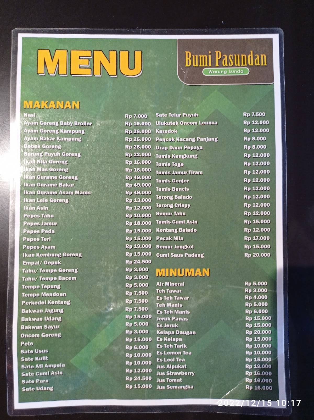 Menu at Bumi Pasundan Warung Sunda Puncak Gadog restaurant, Megamendung