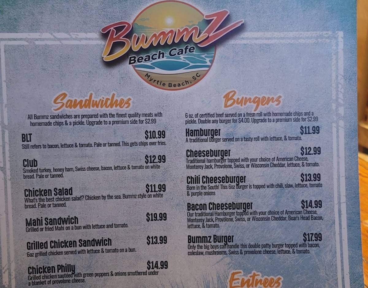 Menu at Bummz Beach Cafe, Myrtle Beach