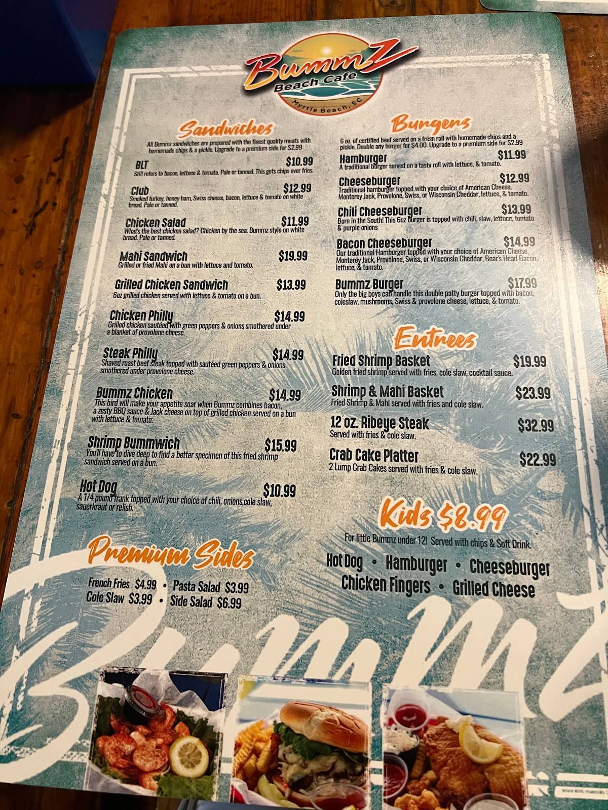 Menu at Bummz Beach Cafe, Myrtle Beach