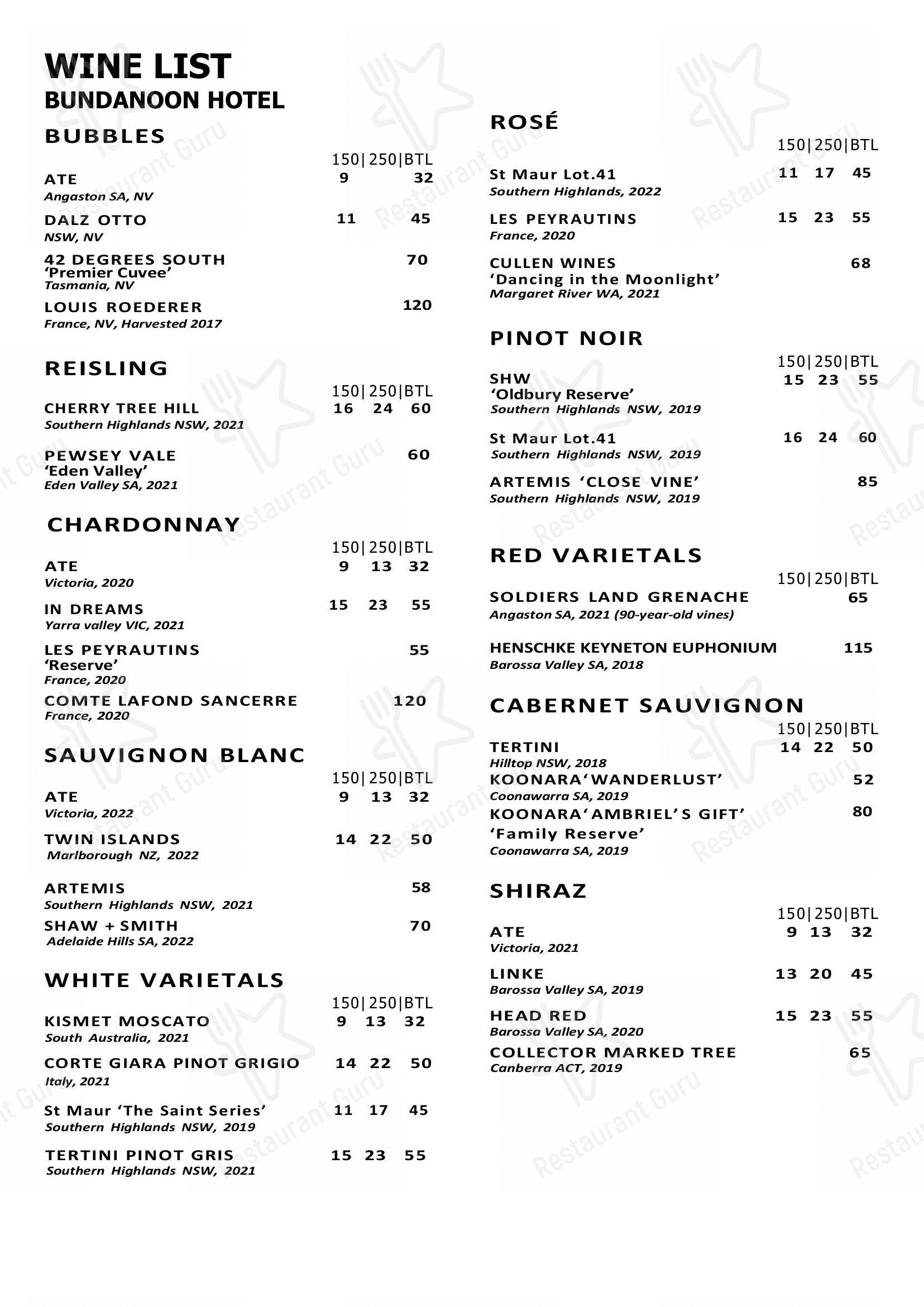 Menu at Bundanoon Hotel pub & bar, Bundanoon