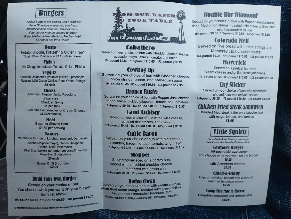 Menu at Bunk House Burgers restaurant, Cañon City