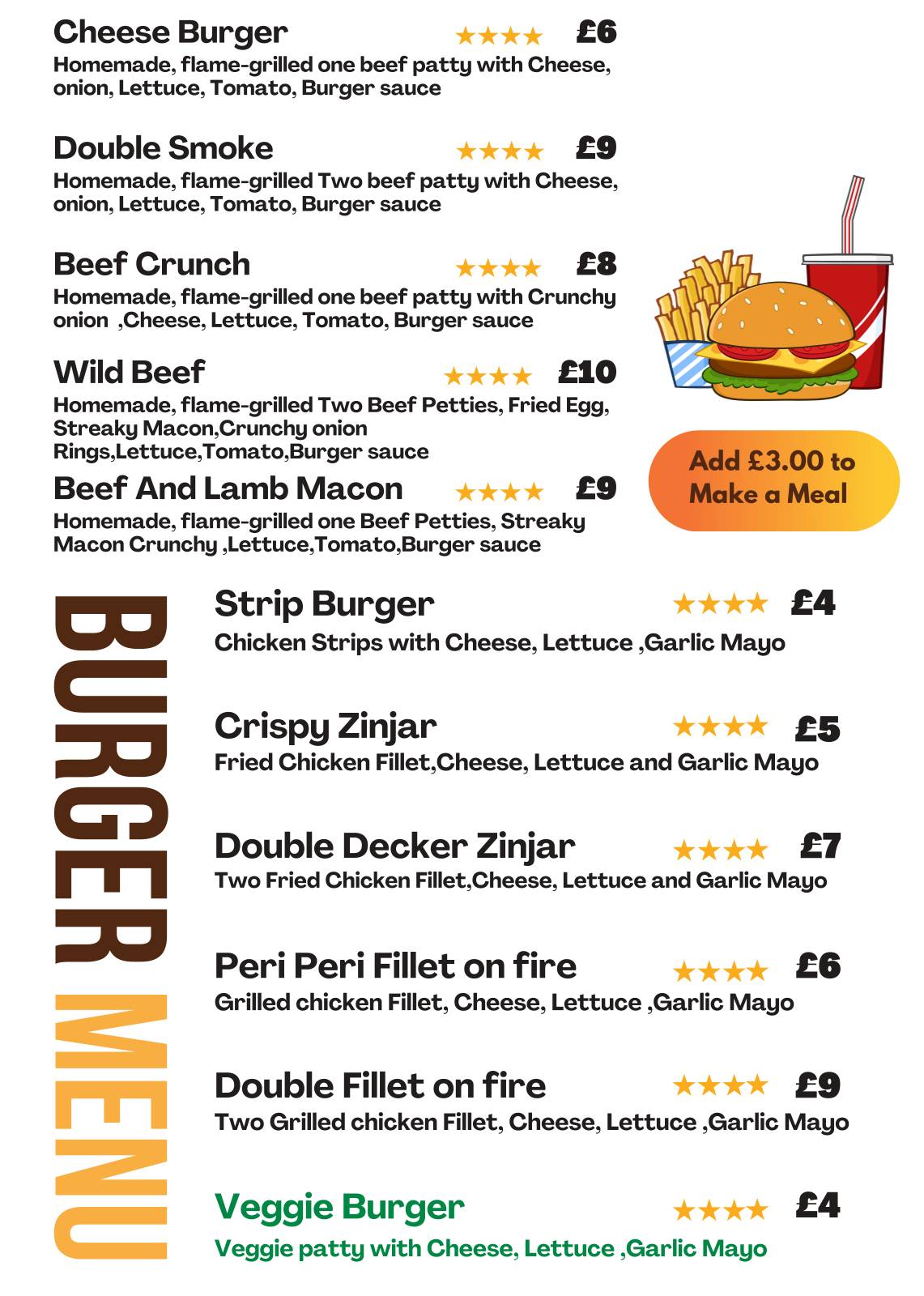 Menu at Buns on fire restaurant, London