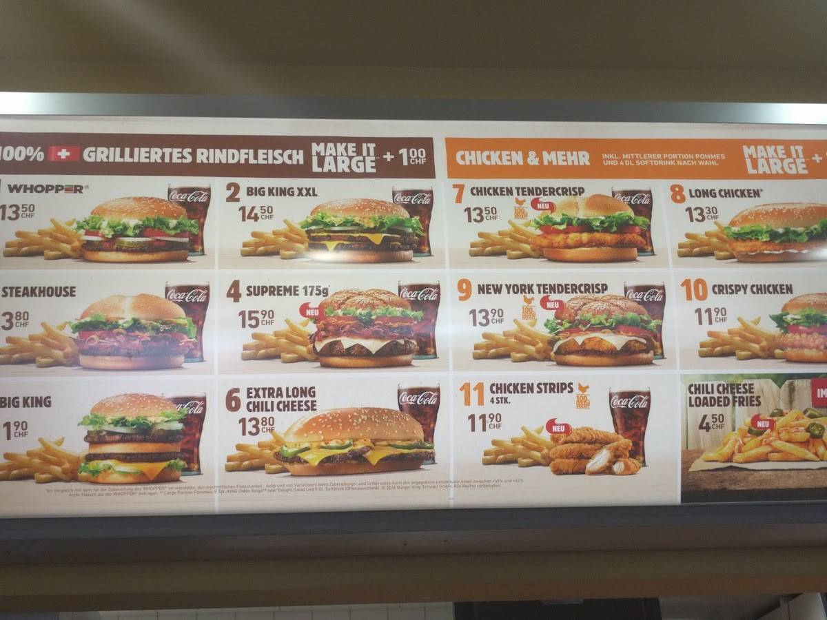 Speisekarte von Burger King, Bern