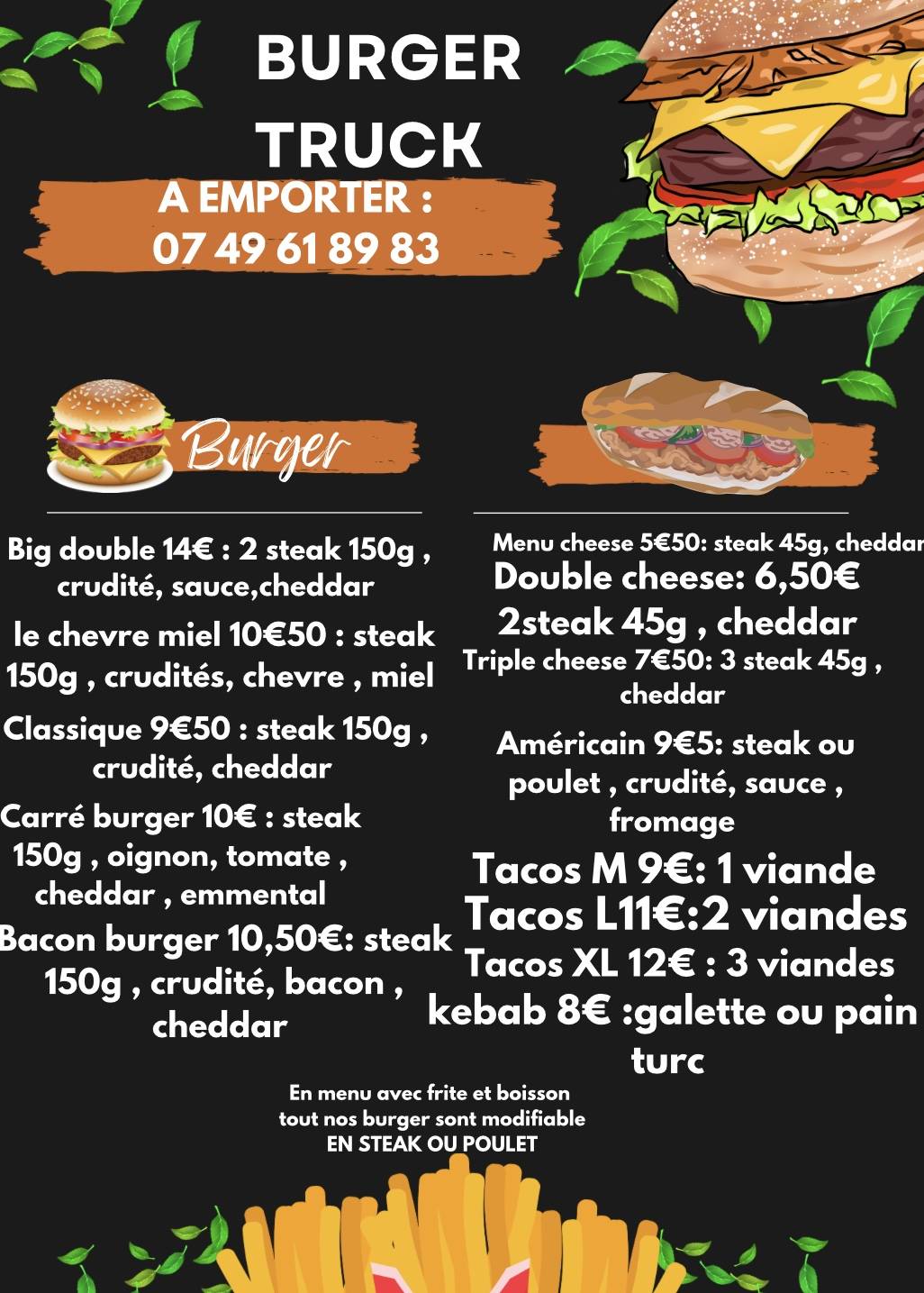 Menu au Burger truck restaurant, Trouillas