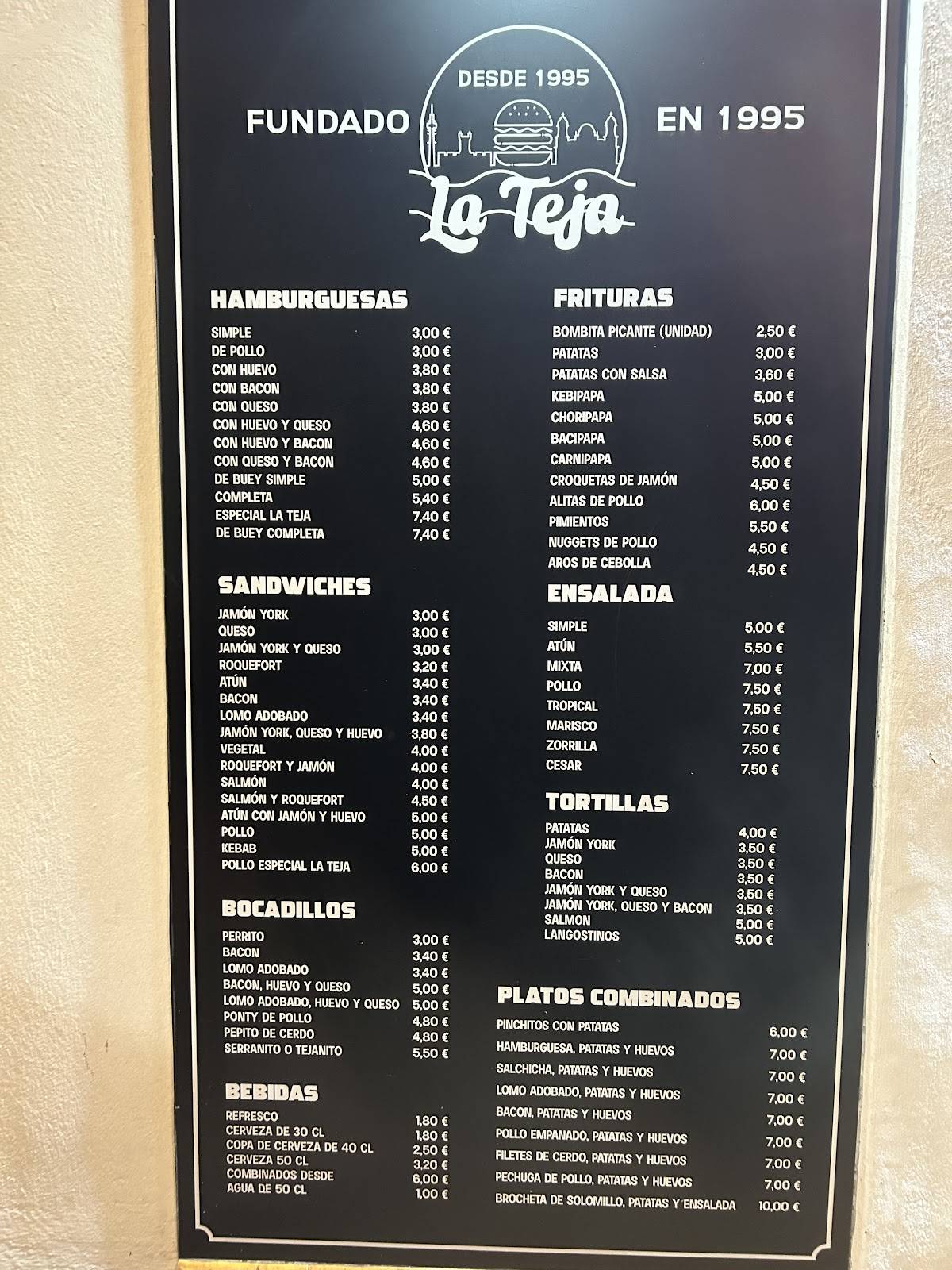 Carta del pub y bar Burguer la Teja, Cádiz