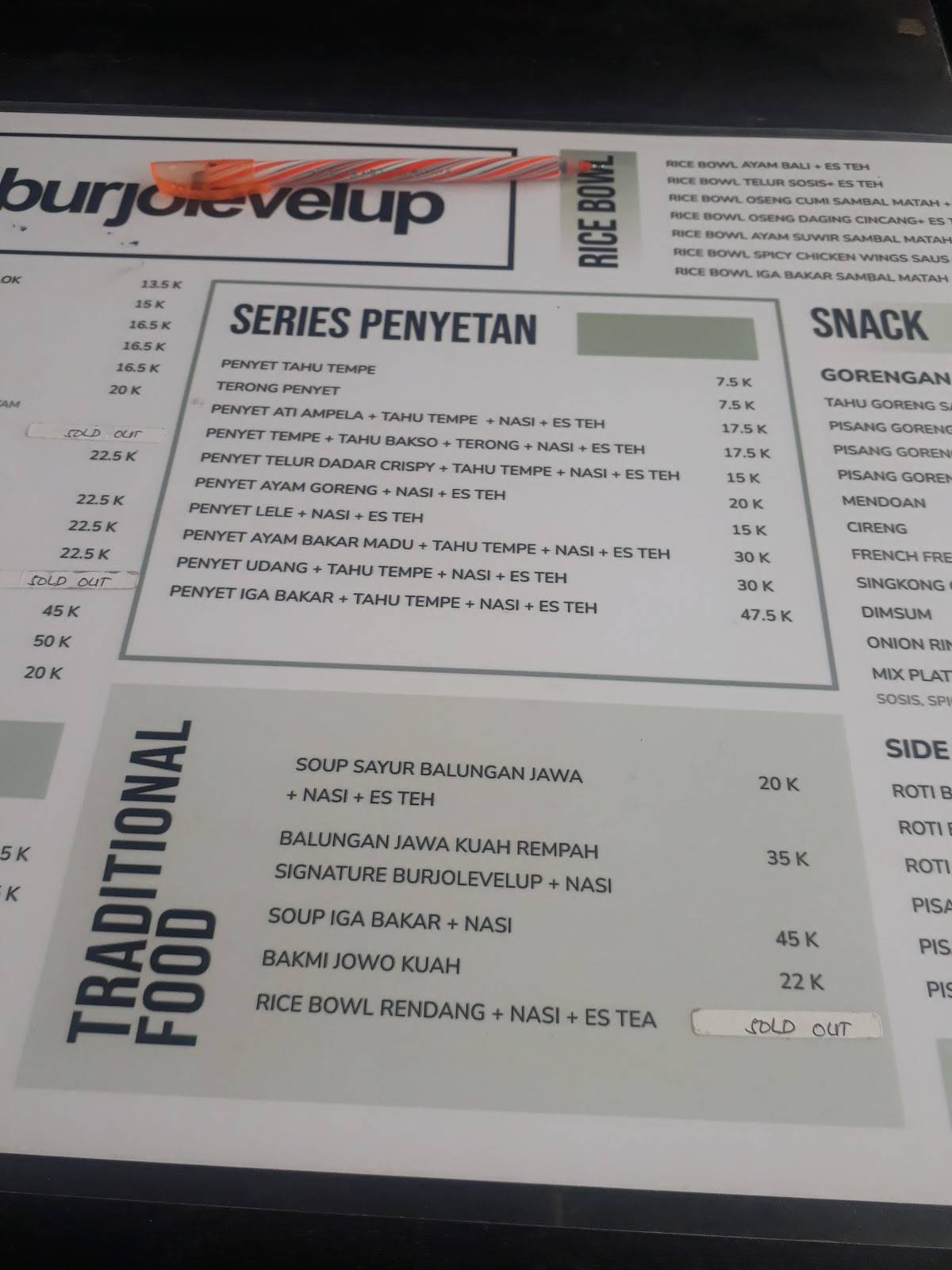 Carta del café Burjo Level Up, Candirejo