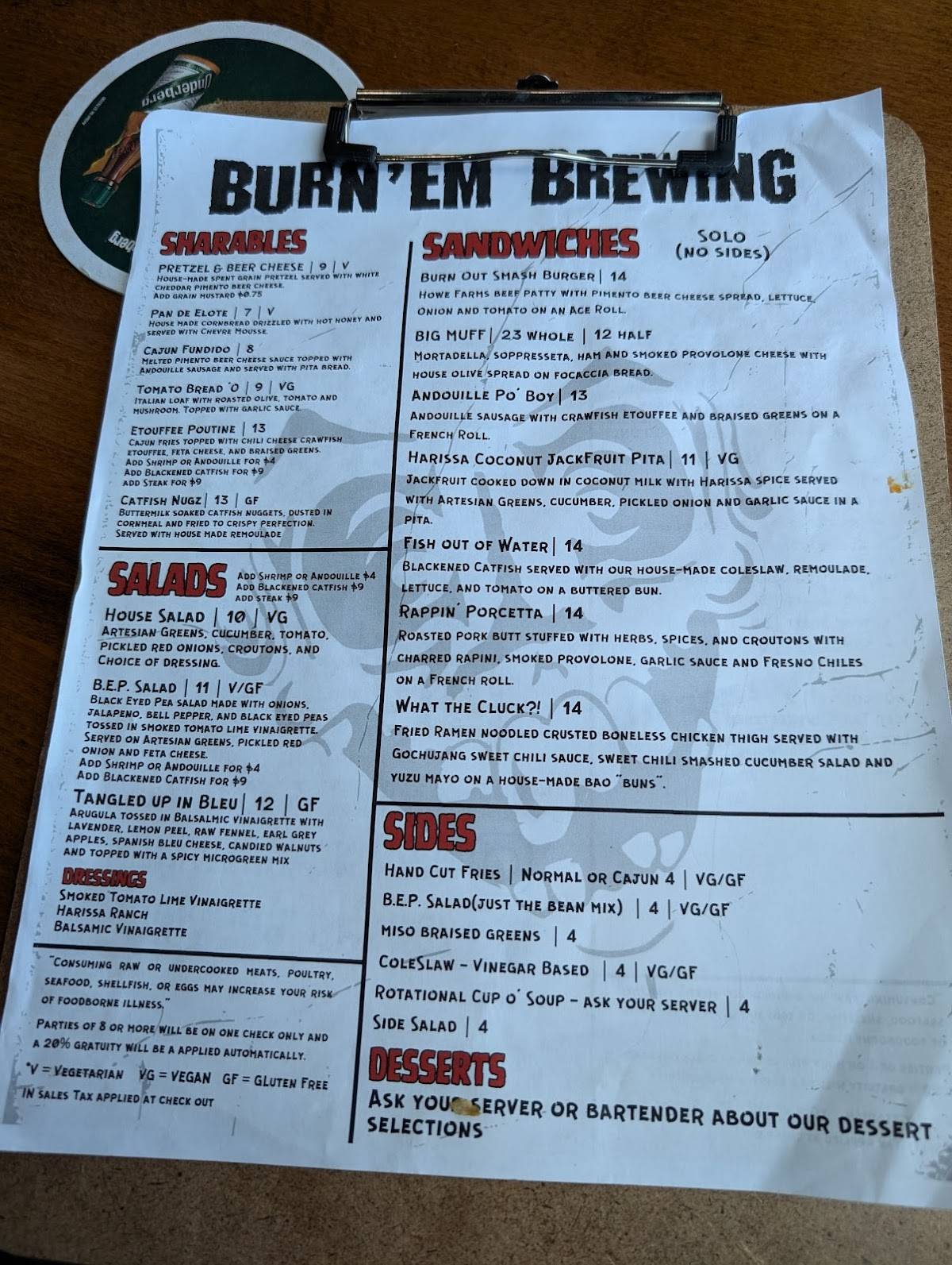 Menu at Burn 'Em Brewing restaurant, Michigan City
