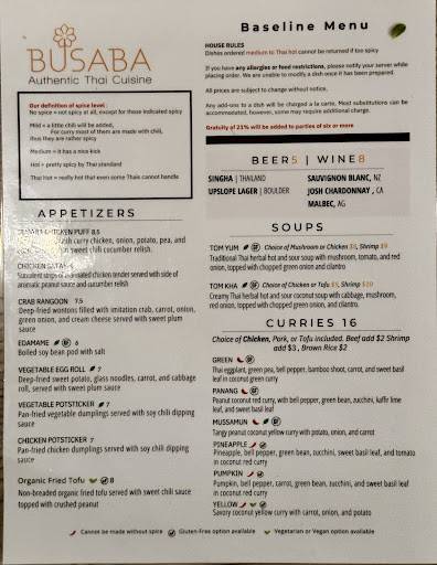 Menu at Busaba Thai Boulder restaurant, Boulder