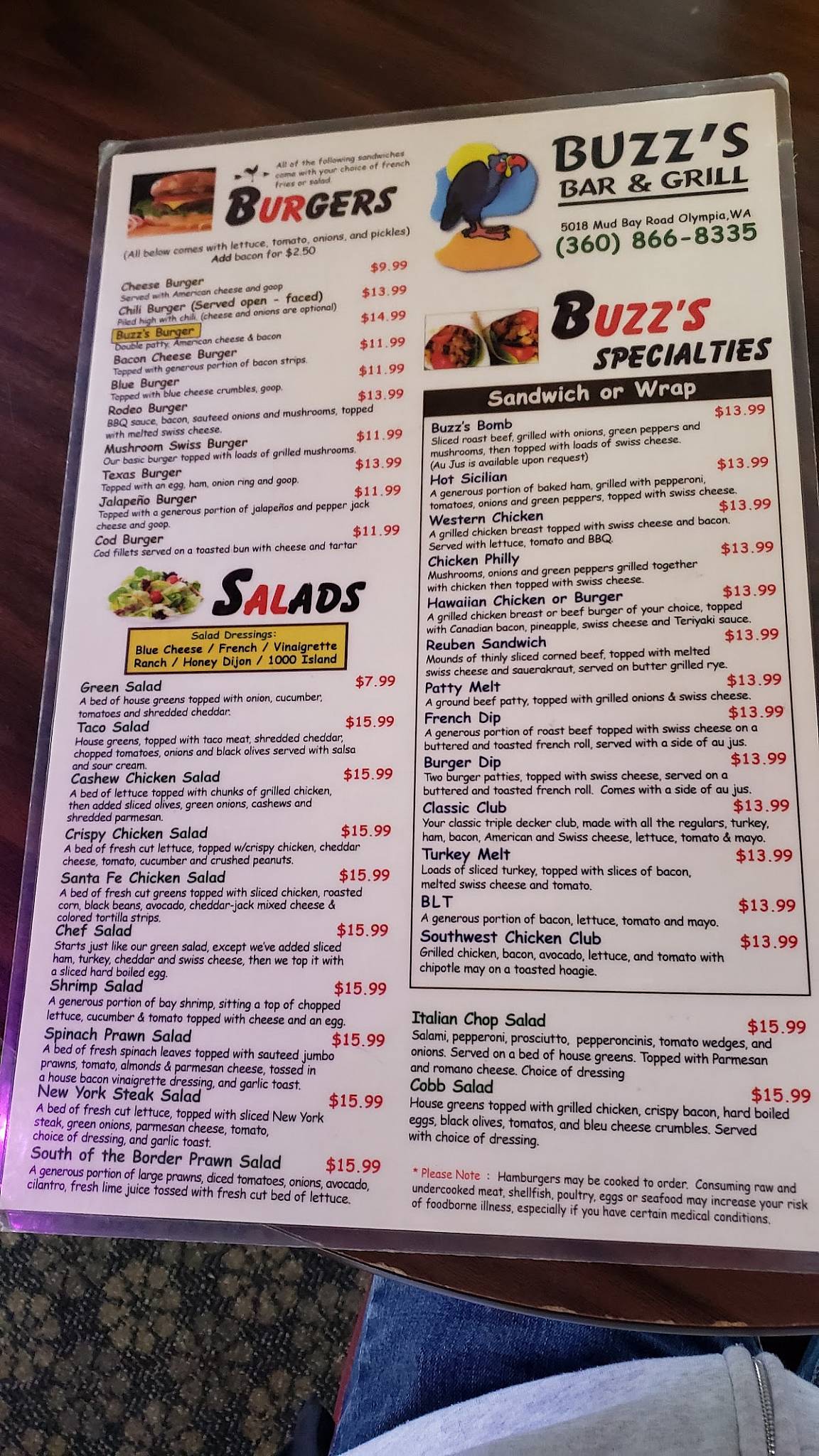 Menu at Buzz's Bar & Grill, Olympia