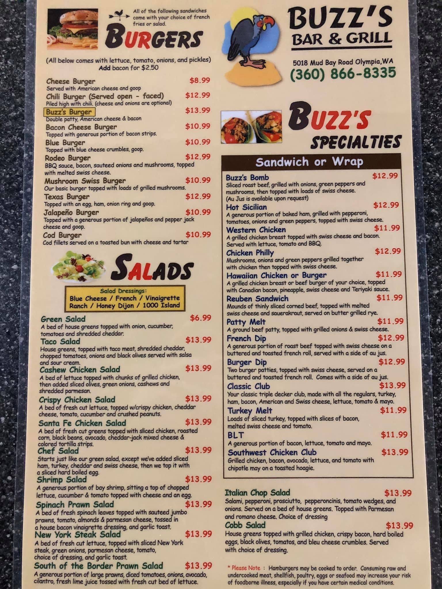 Menu at Buzz's Bar & Grill, Olympia