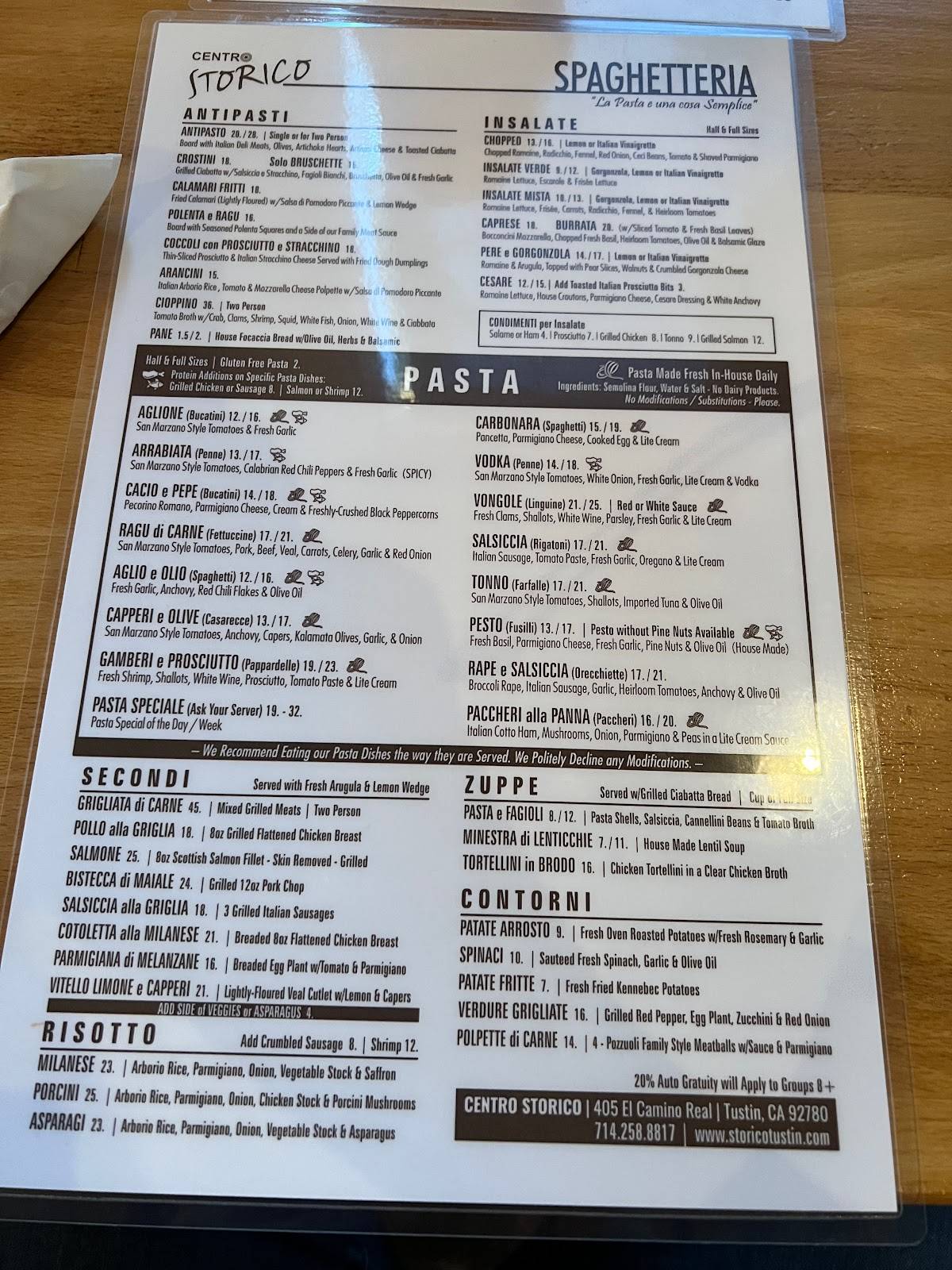 Menu at CENTRO Storico Spaghetteria restaurant, Tustin