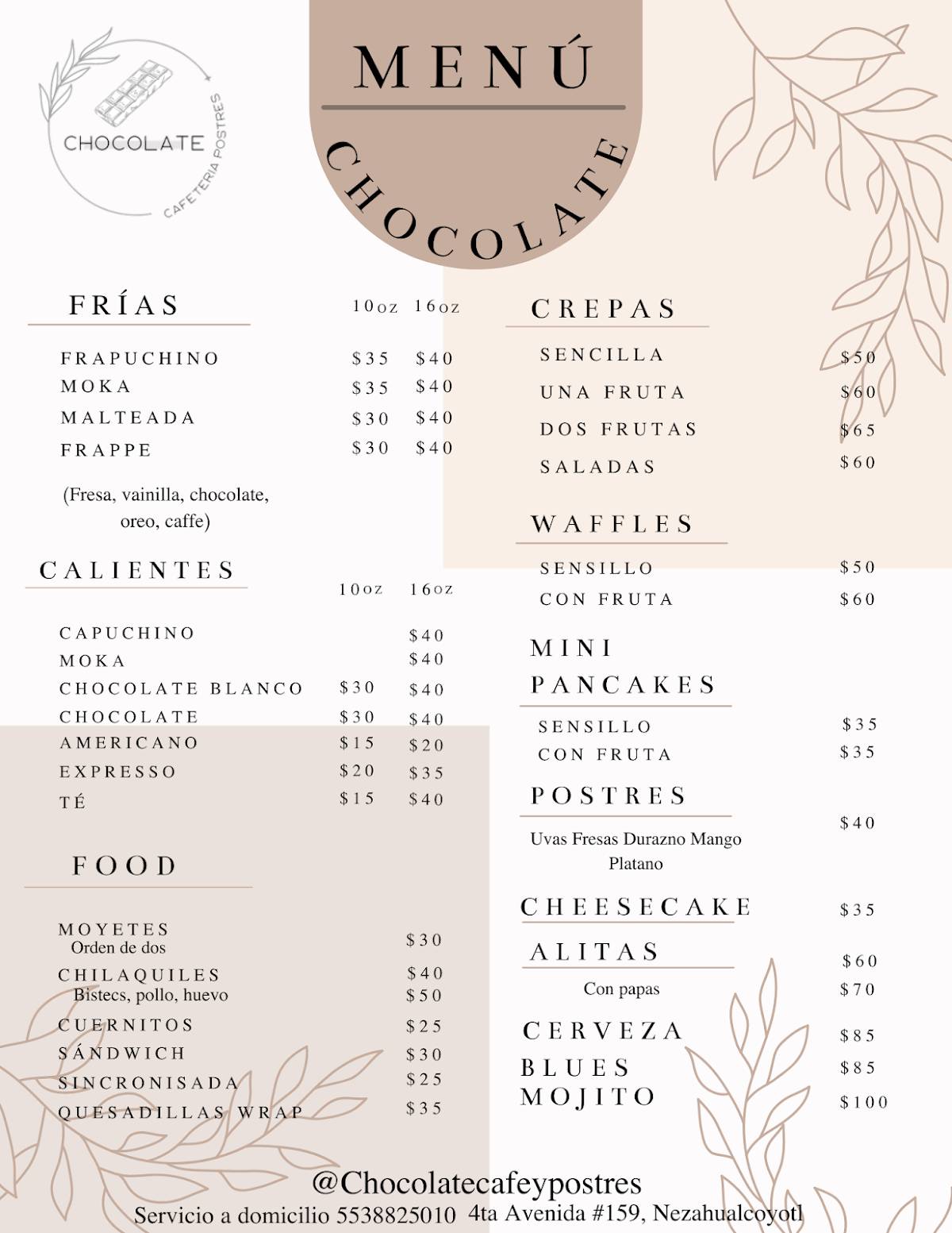 Menu at CHOCOLATE CAFETERIA Y POSTRES, Ciudad Nezahualcóyotl