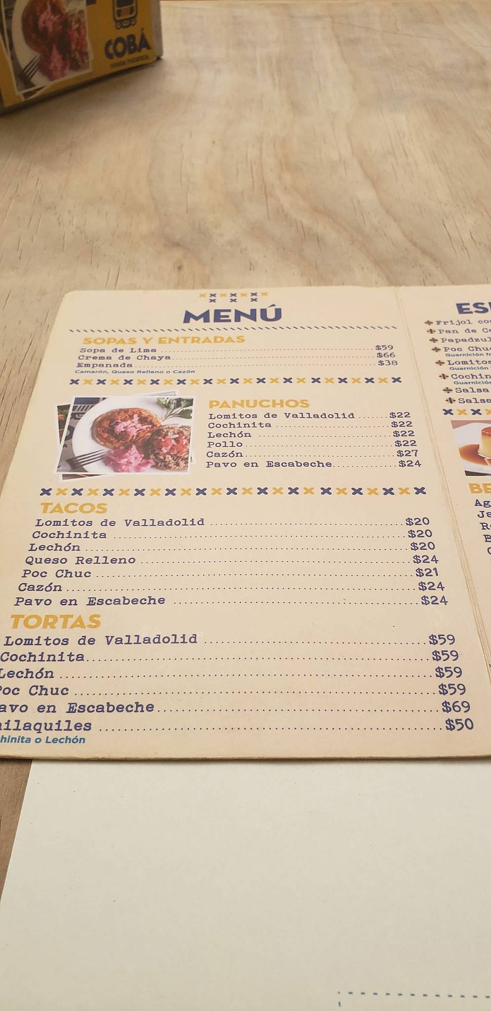 Menu at COBÁ restaurant, Mexico City, C. Nueva York 166