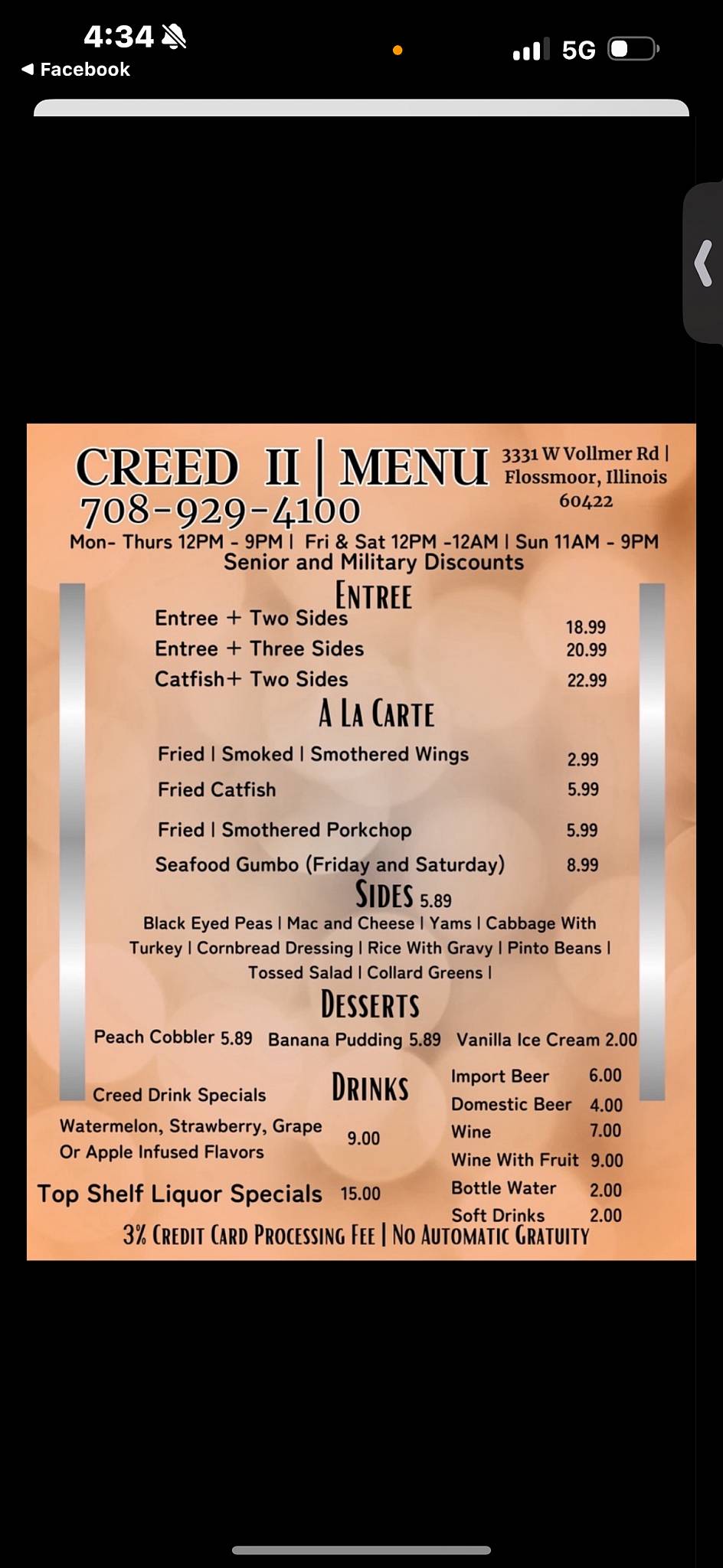 Menu at CREED-Flossmoor desserts, Flossmoor