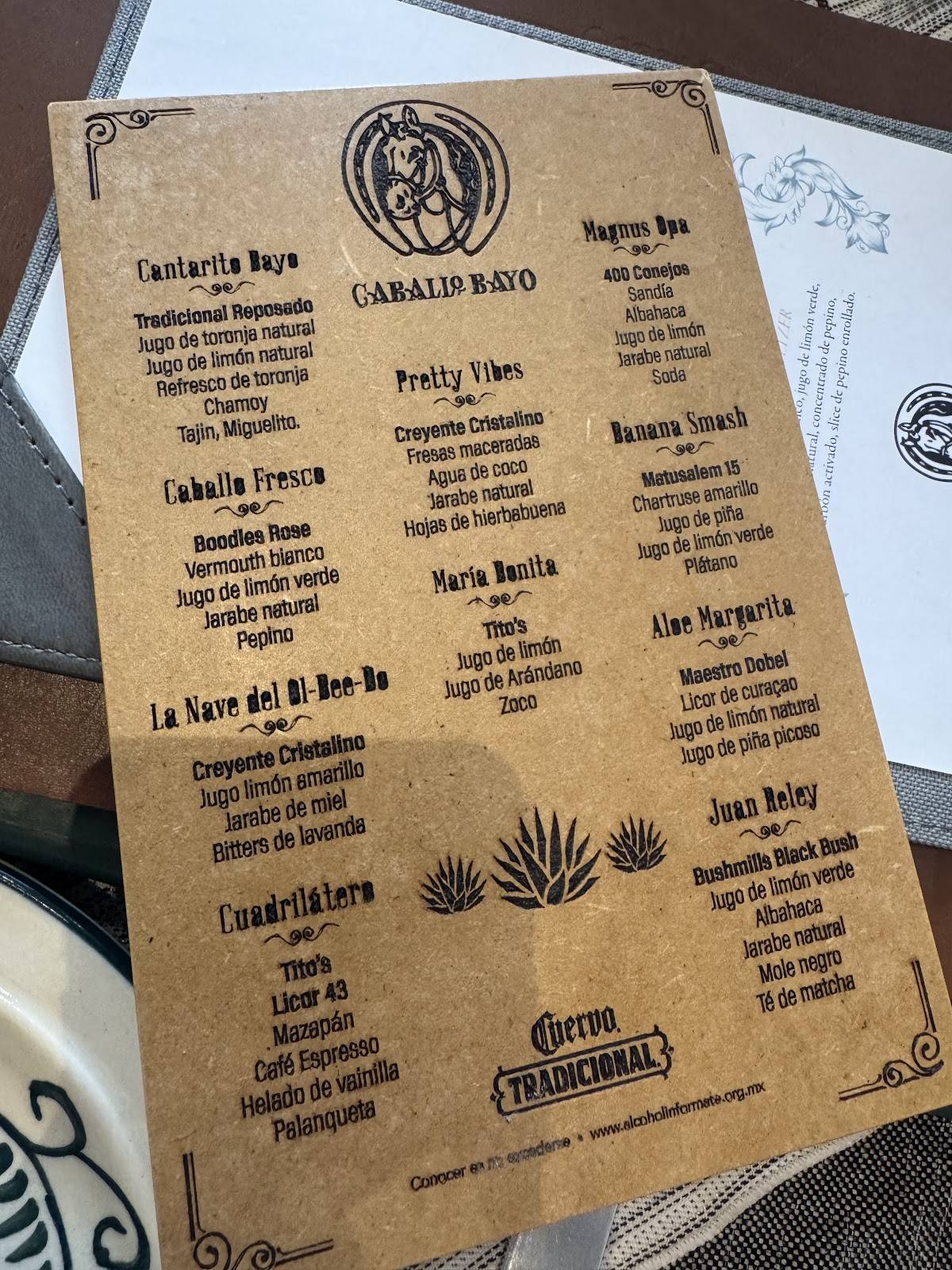 Carta del restaurante Caballo Bayo, Ciudad del México