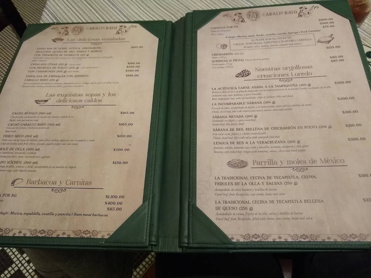Carta del restaurante Caballo Bayo, Ciudad del México