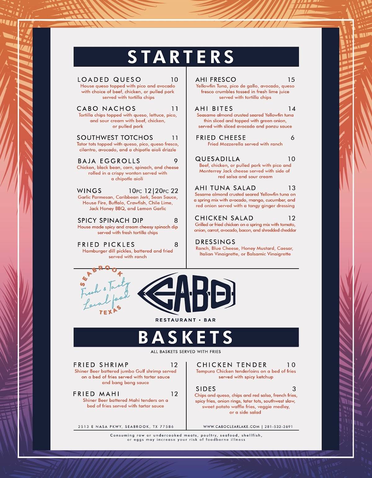 Menu at Cabo Clear Lake pub & bar, Seabrook, NASA Road 1