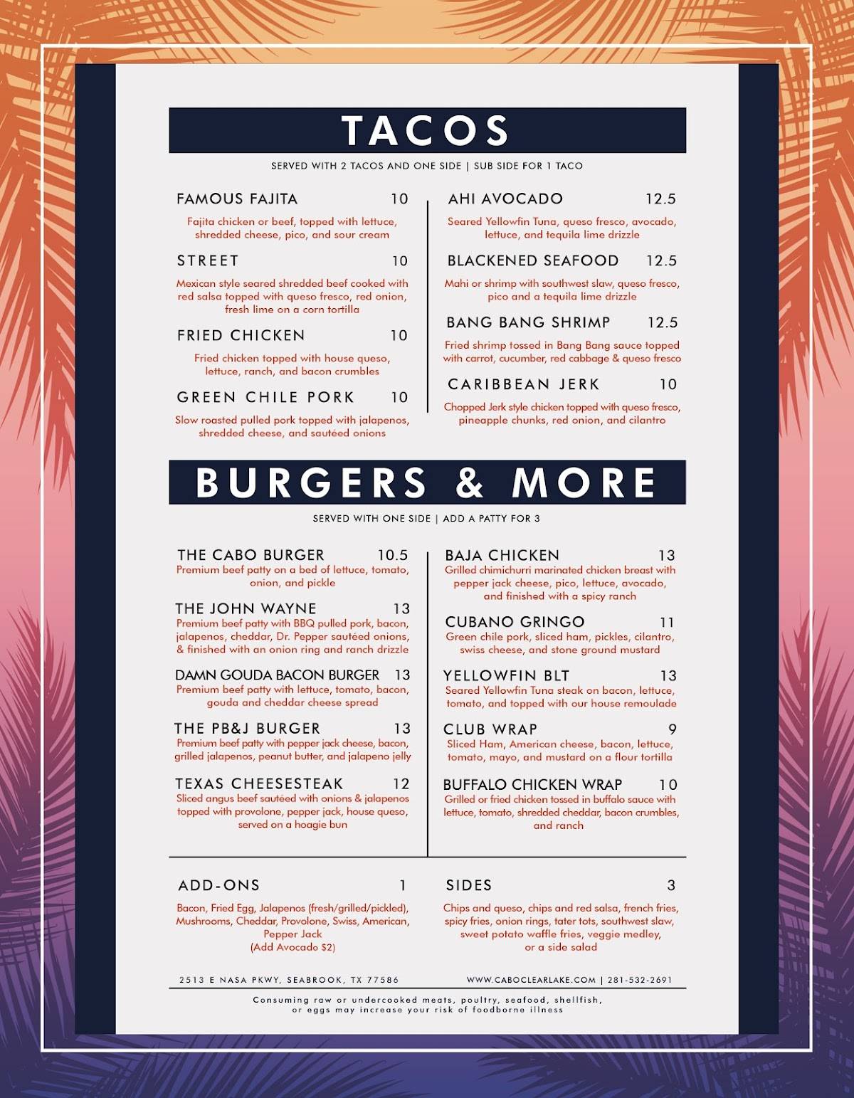 Menu at Cabo Clear Lake pub & bar, Seabrook, NASA Road 1