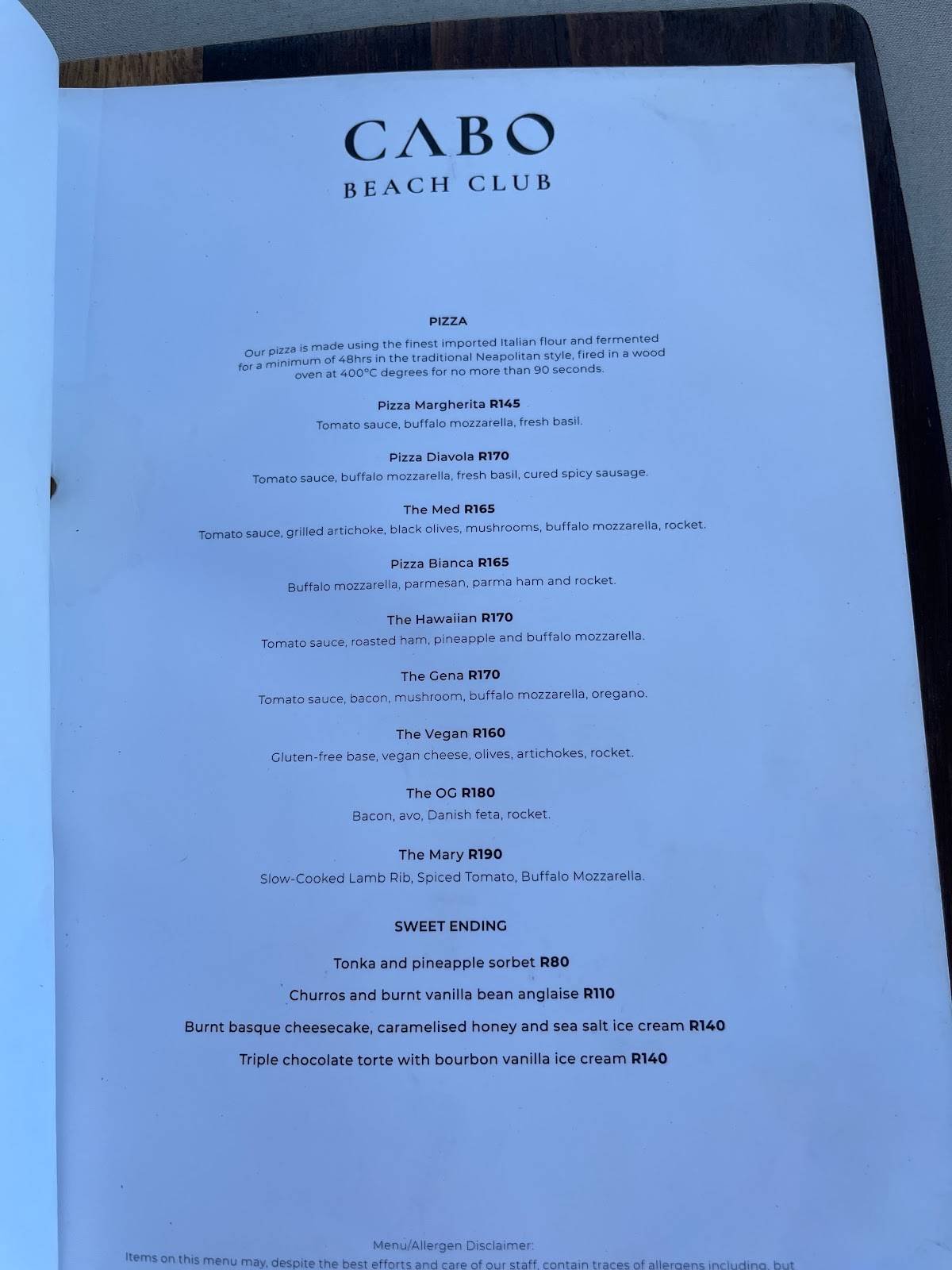 Menu at Cabo Beach restaurant, Cape Town