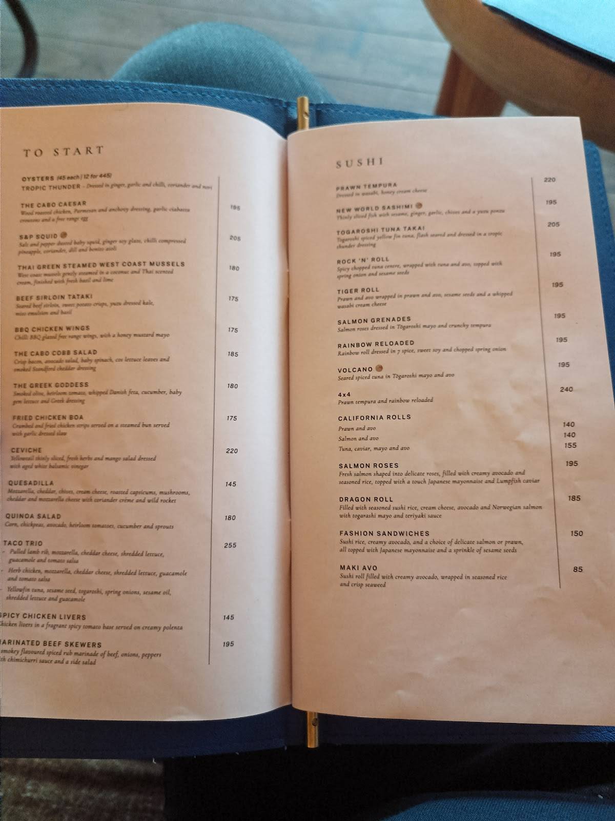 Menu at Cabo Beach restaurant, Cape Town