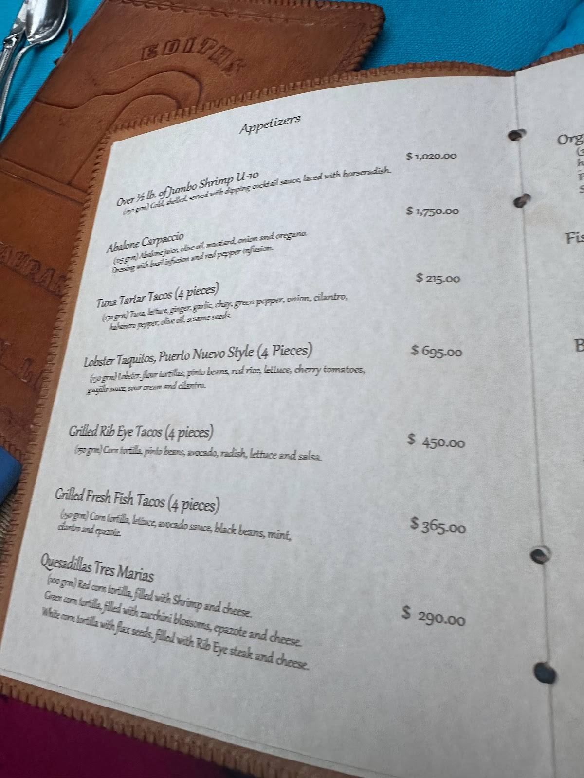 Carta del restaurante Edith's, Cabo San Lucas