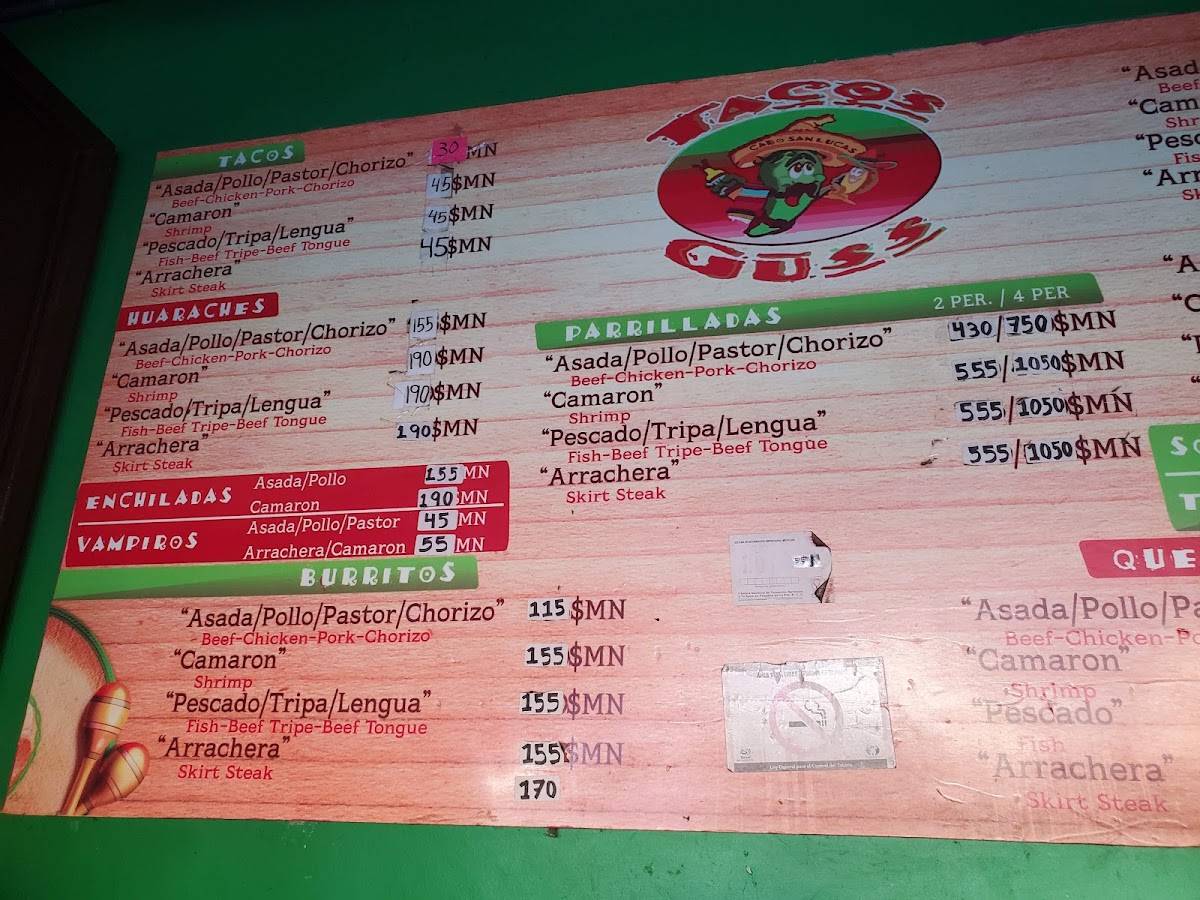 Menu at Guss Tacos restaurant, Cabo San Lucas, Blvd Lazaro Cardenas ...
