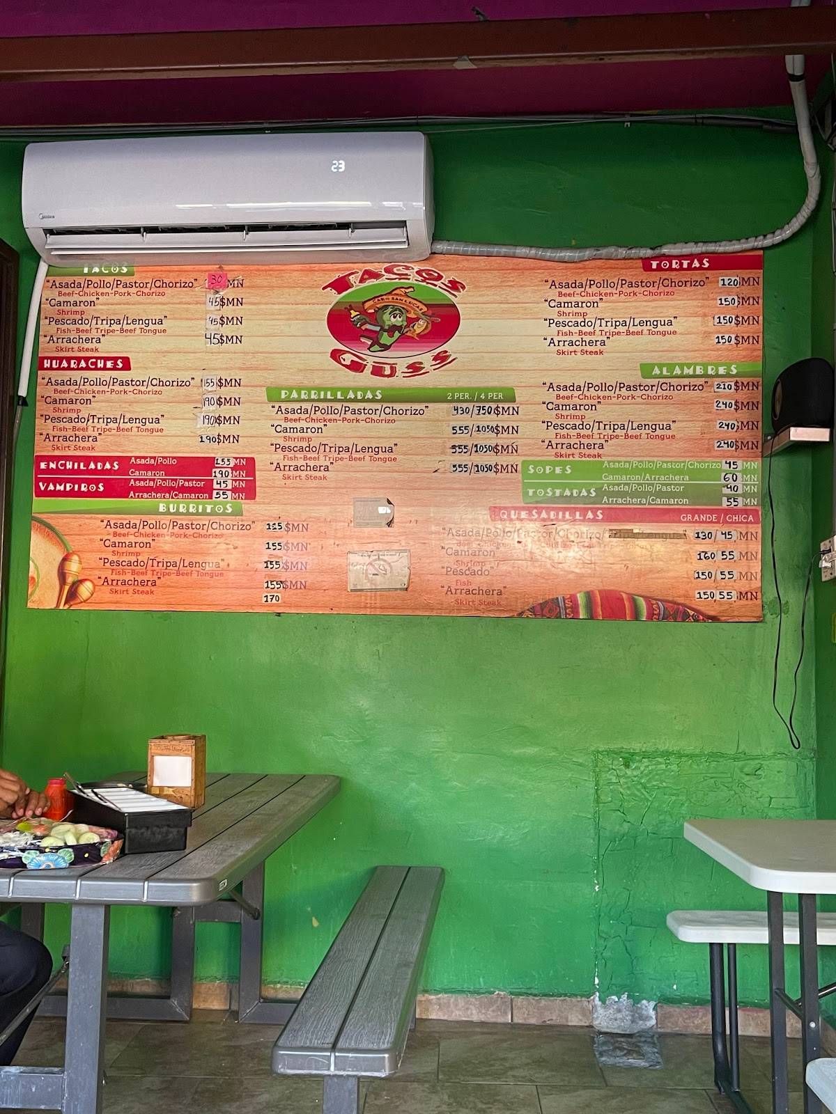 Menu at Guss Tacos restaurant, Cabo San Lucas, Blvd Lazaro Cardenas ...