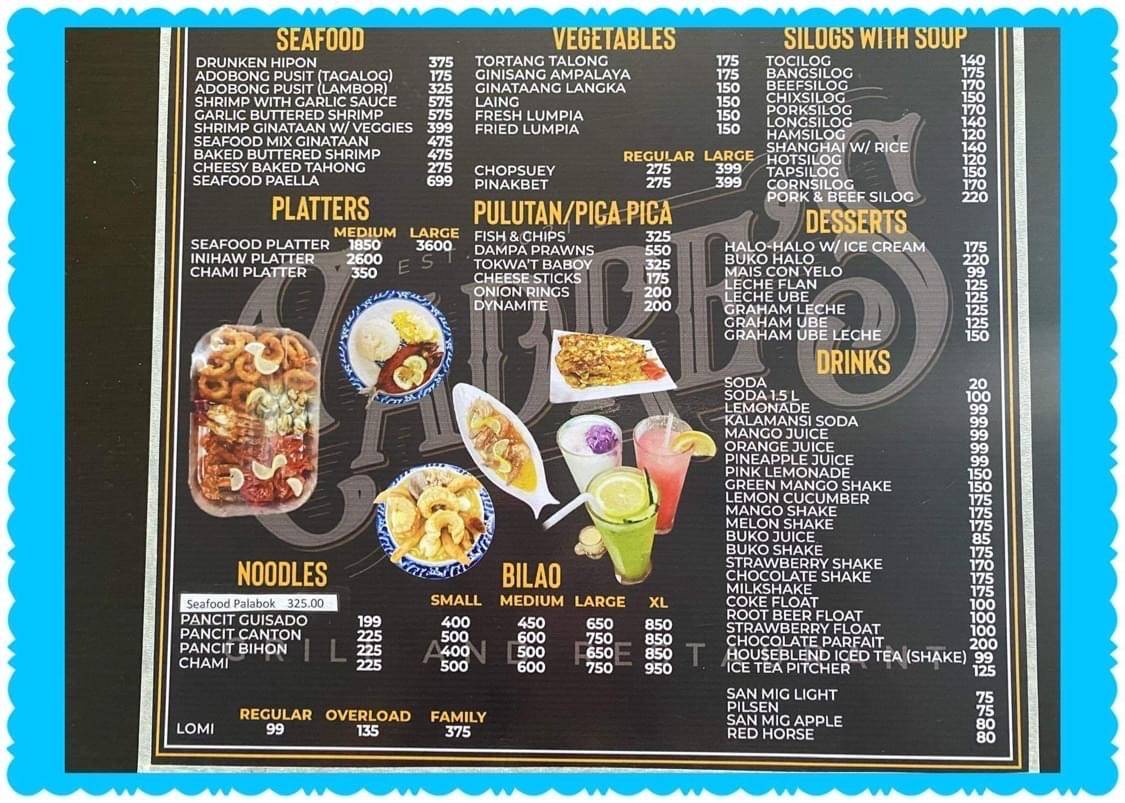 Menu at Cadre's Grill and Restaurant, Batangas