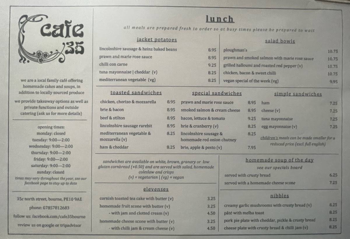 Menu at Cafe 35, Bourne