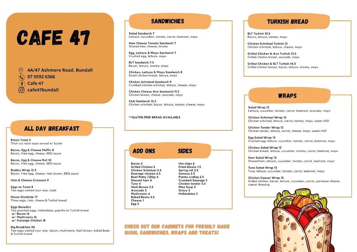 Menu at Cafe 47, Bundall
