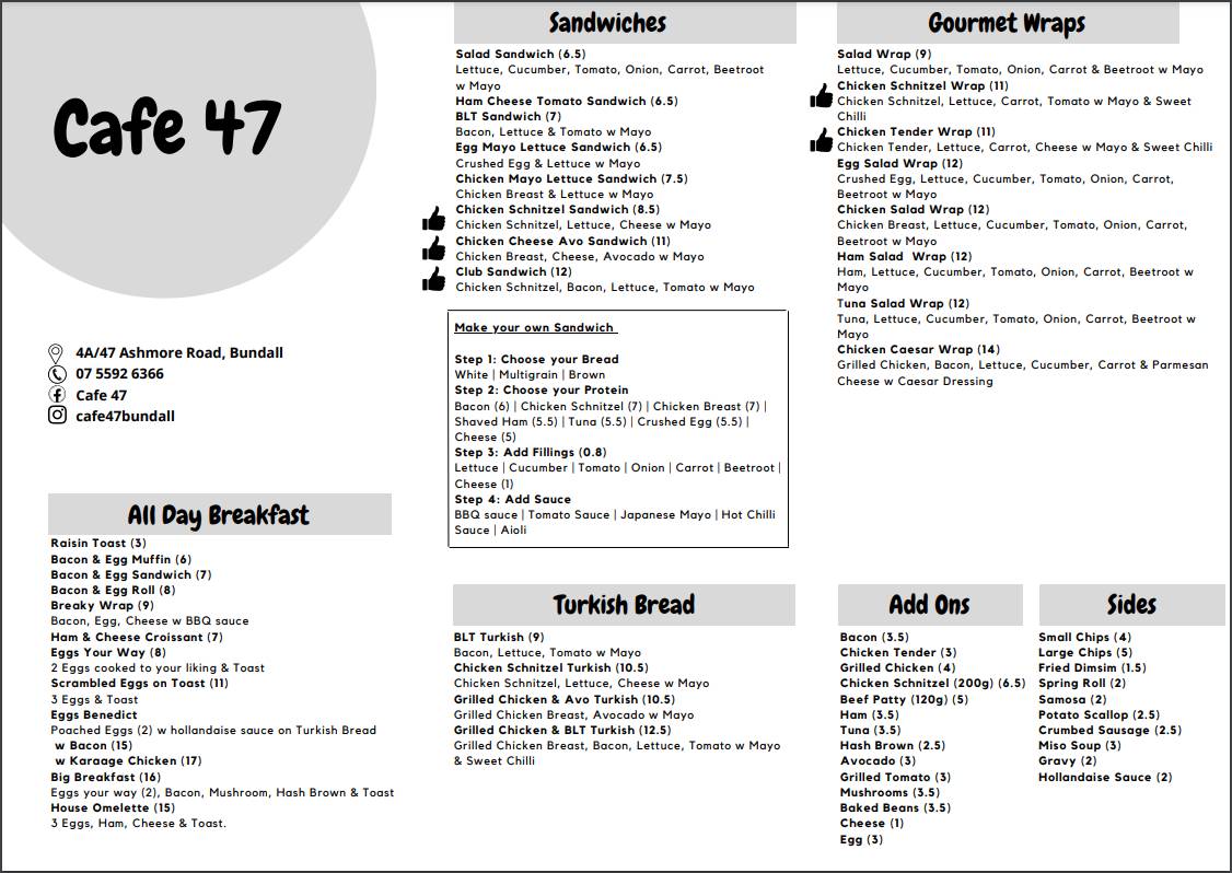 Menu at Cafe 47, Bundall
