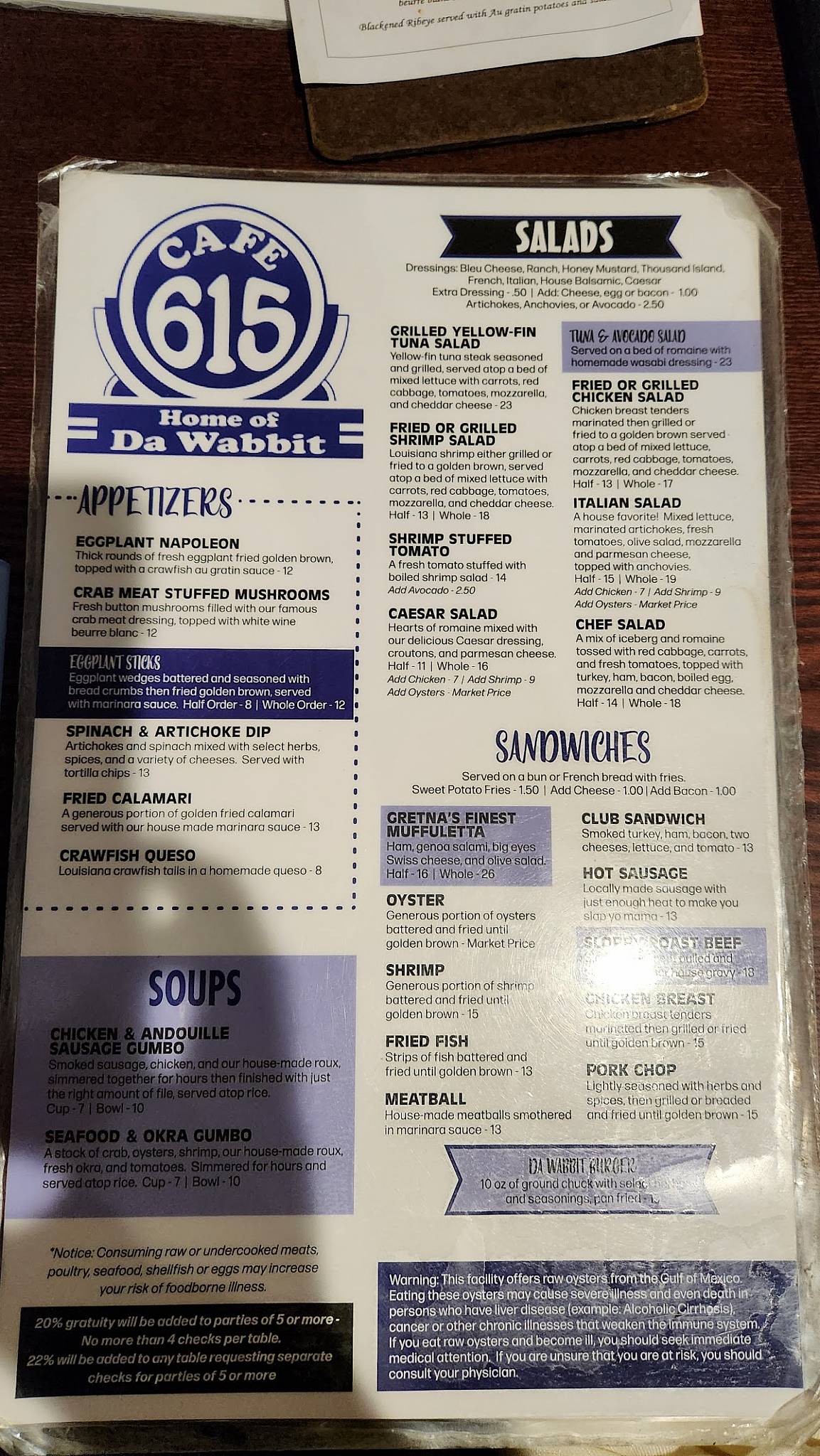 Menu at Cafe 615 (Home of Da Wabbitt), Gretna