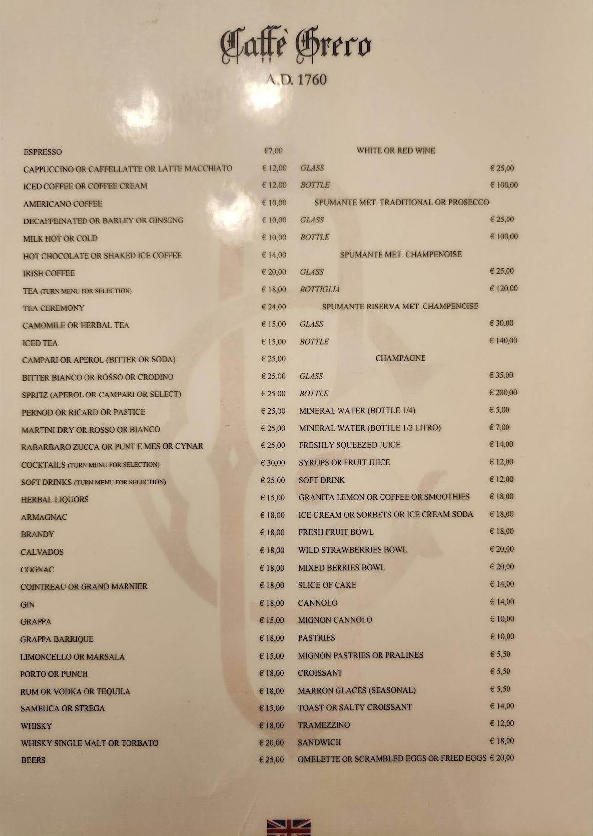 Menu da Antico Caffè Greco caffè bar, Roma, Via dei Condotti