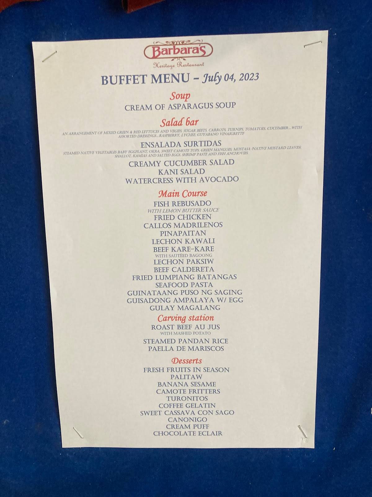 Menu at Barbara's Heritage Restaurant, Manila, Plaza San Luis Complex