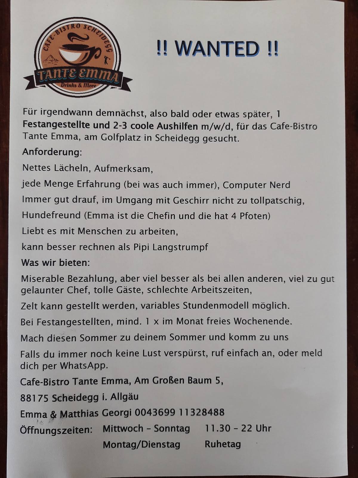 Speisekarte von Cafe-Bistro Tante Emma, Scheidegg