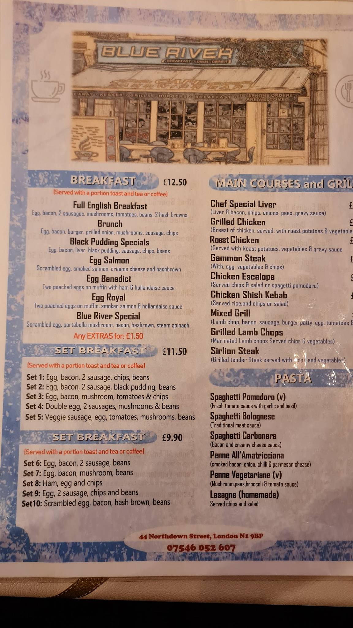 Menu at Blue River Cafe, London, 44 Northdown St