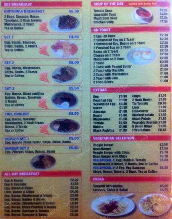 Menu at Cafe Britannia, Dagenham