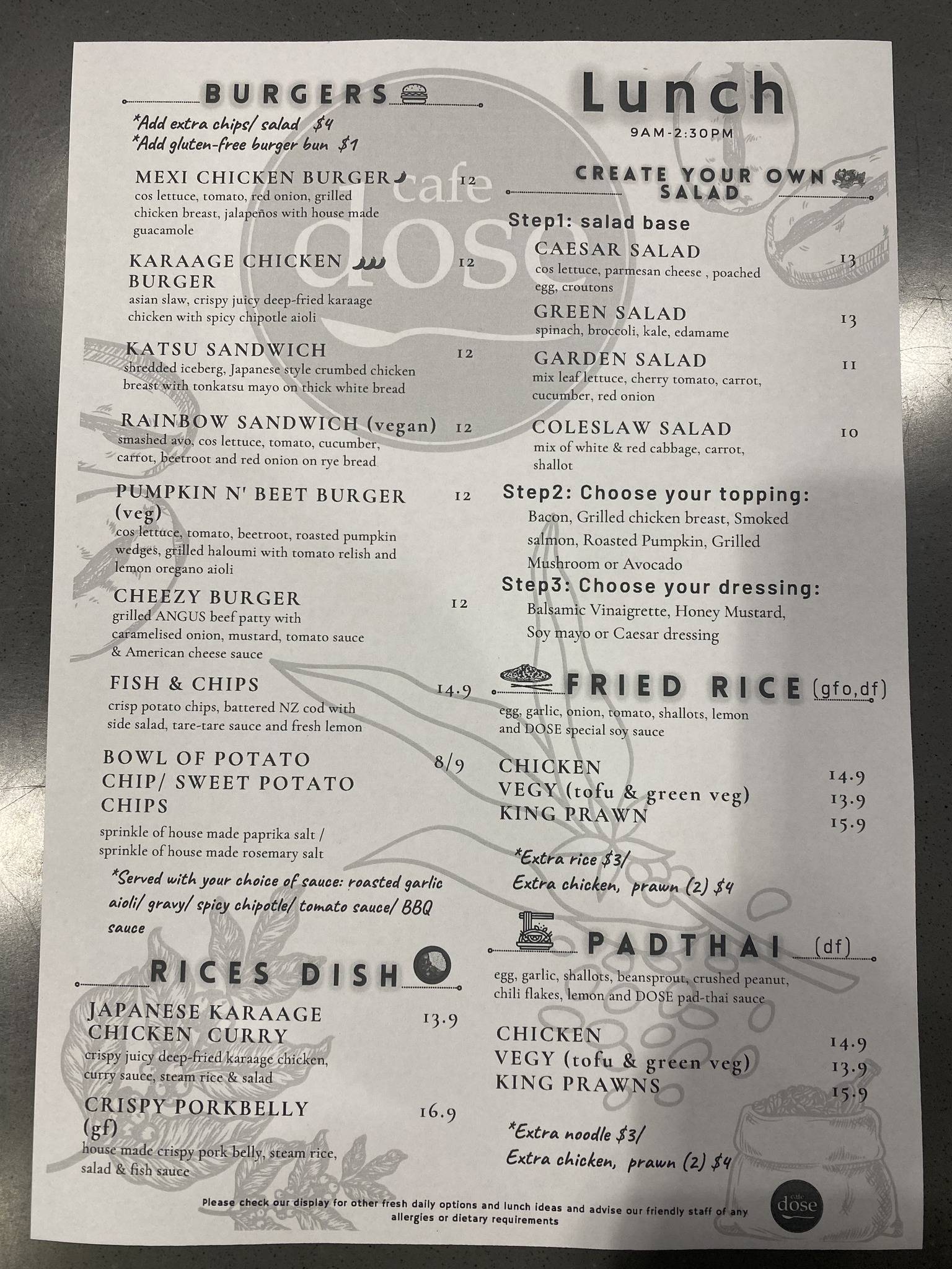 Menu at Cafe Dose, Herston, 288 Herston Rd