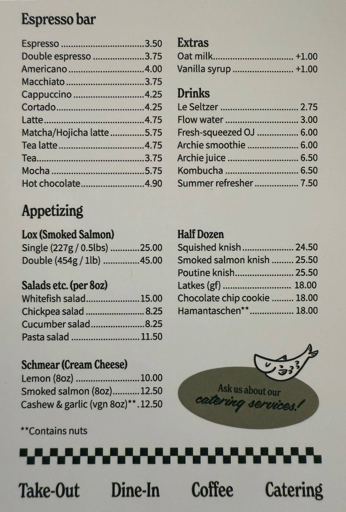 Menu au Chez Greenberg café, Montréal
