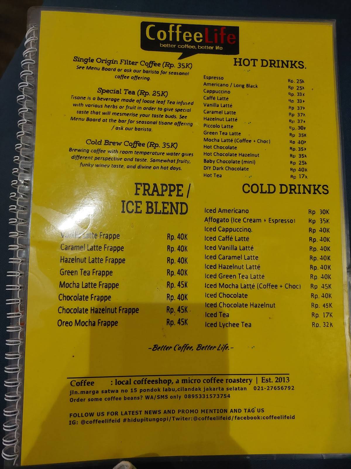 Menu at Coffee Life cafe, Jakarta