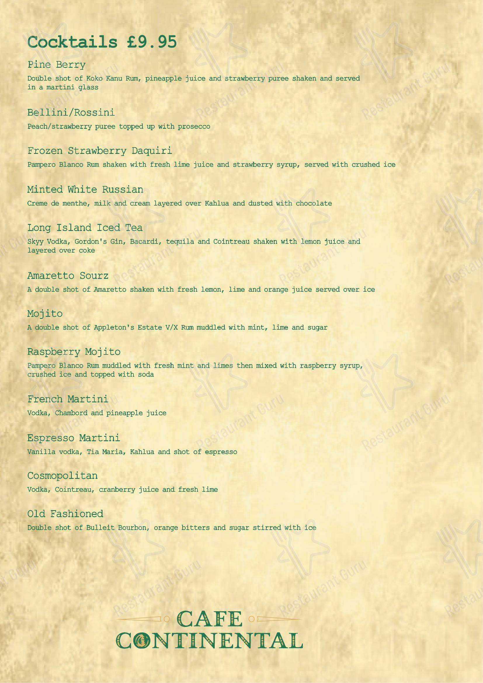 Menu at Cafe Continental, Gourock, 40 Kempock St