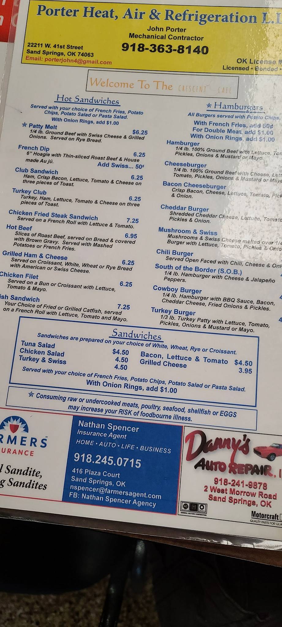 Menu at Crescent Cafe, Sand Springs