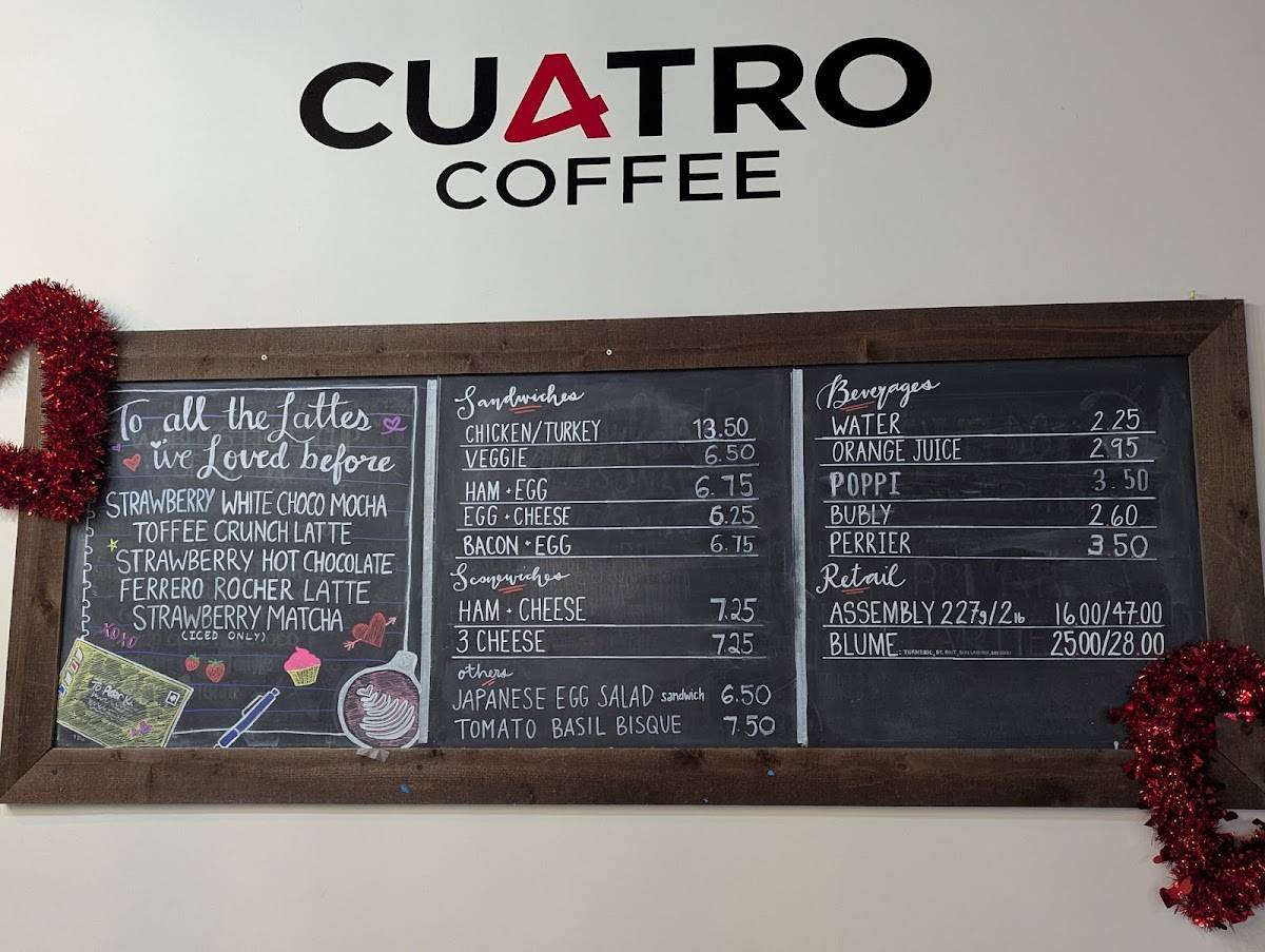 Menu at Cuatro Coffee cafe, Surrey