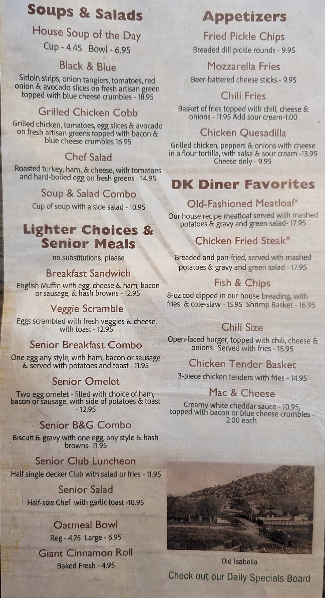 Menu at Dam Korner cafe, Lake Isabella