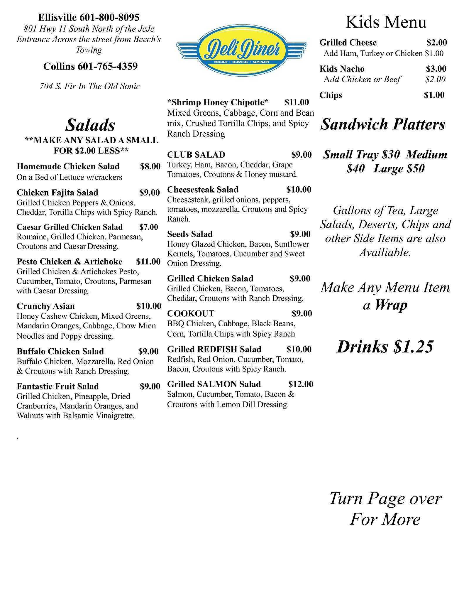 Menu at Deli Diner cafe, Collins