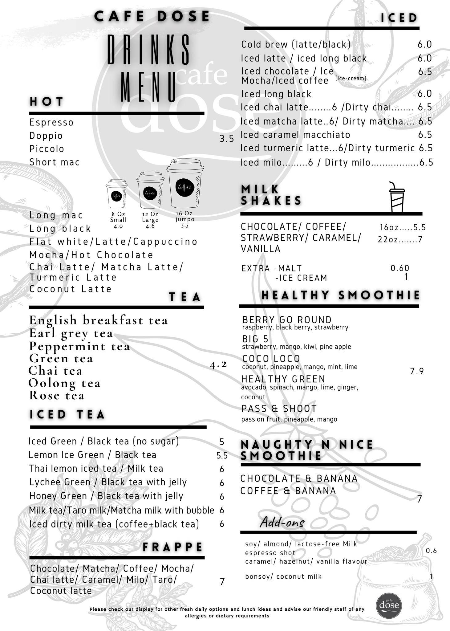 Menu at Cafe Dose, Herston, 288 Herston Rd