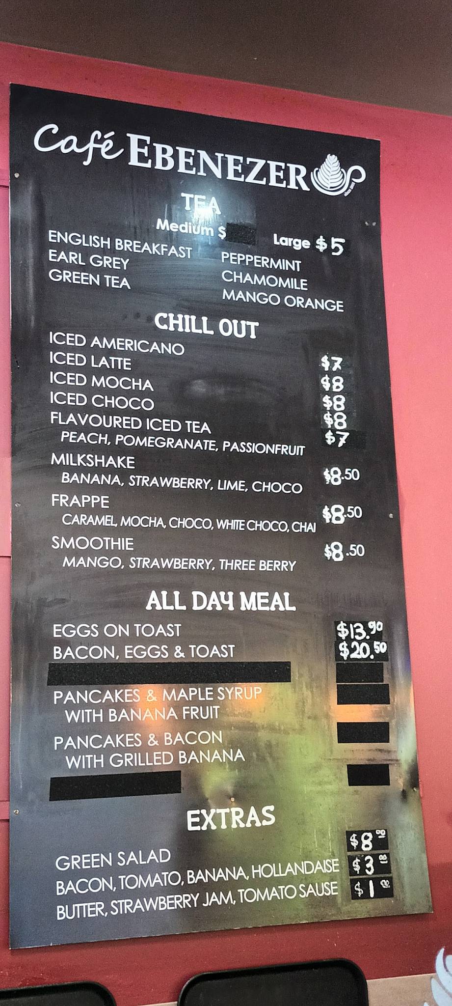 Menu at Cafe Ebenezer, Auckland