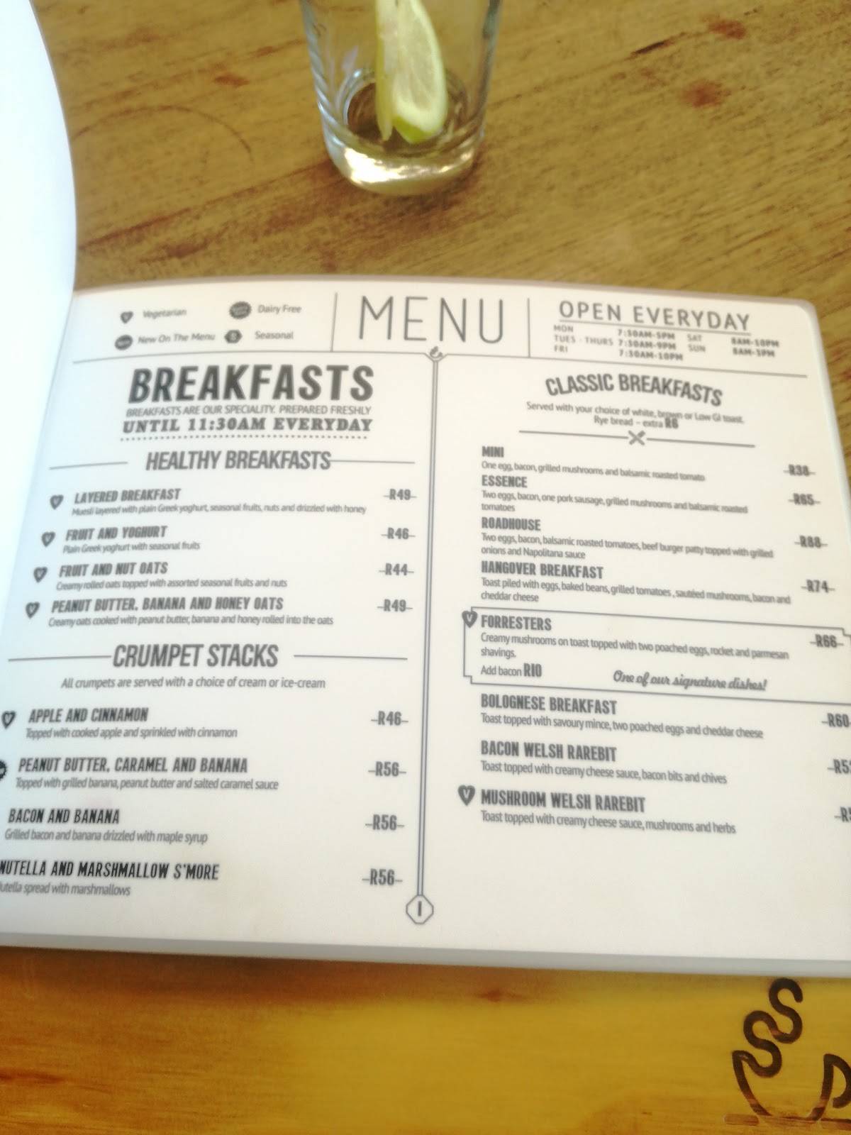 Menu at Essence. restaurant, Pietermaritzburg
