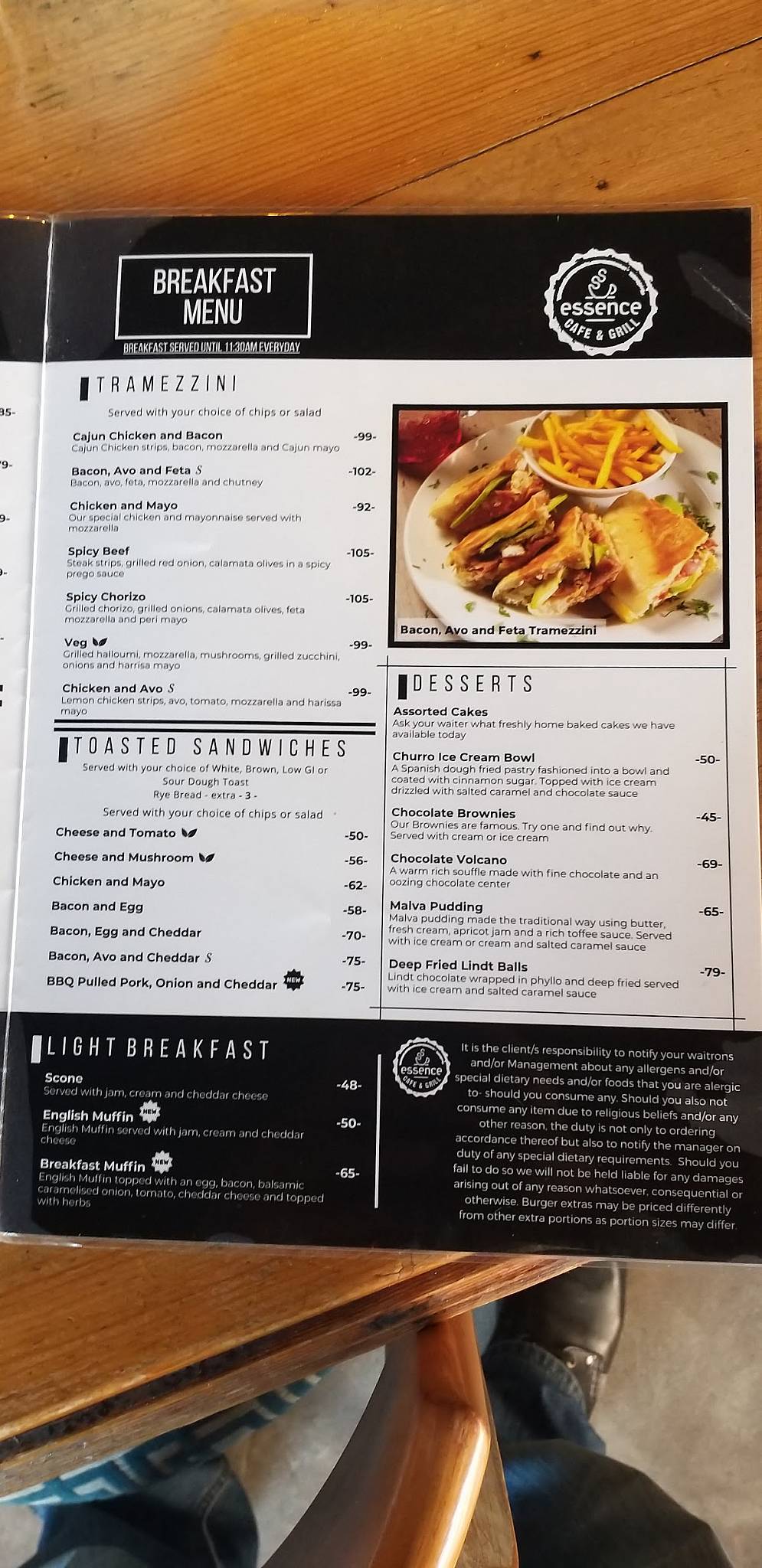 Menu at Essence. restaurant, Pietermaritzburg
